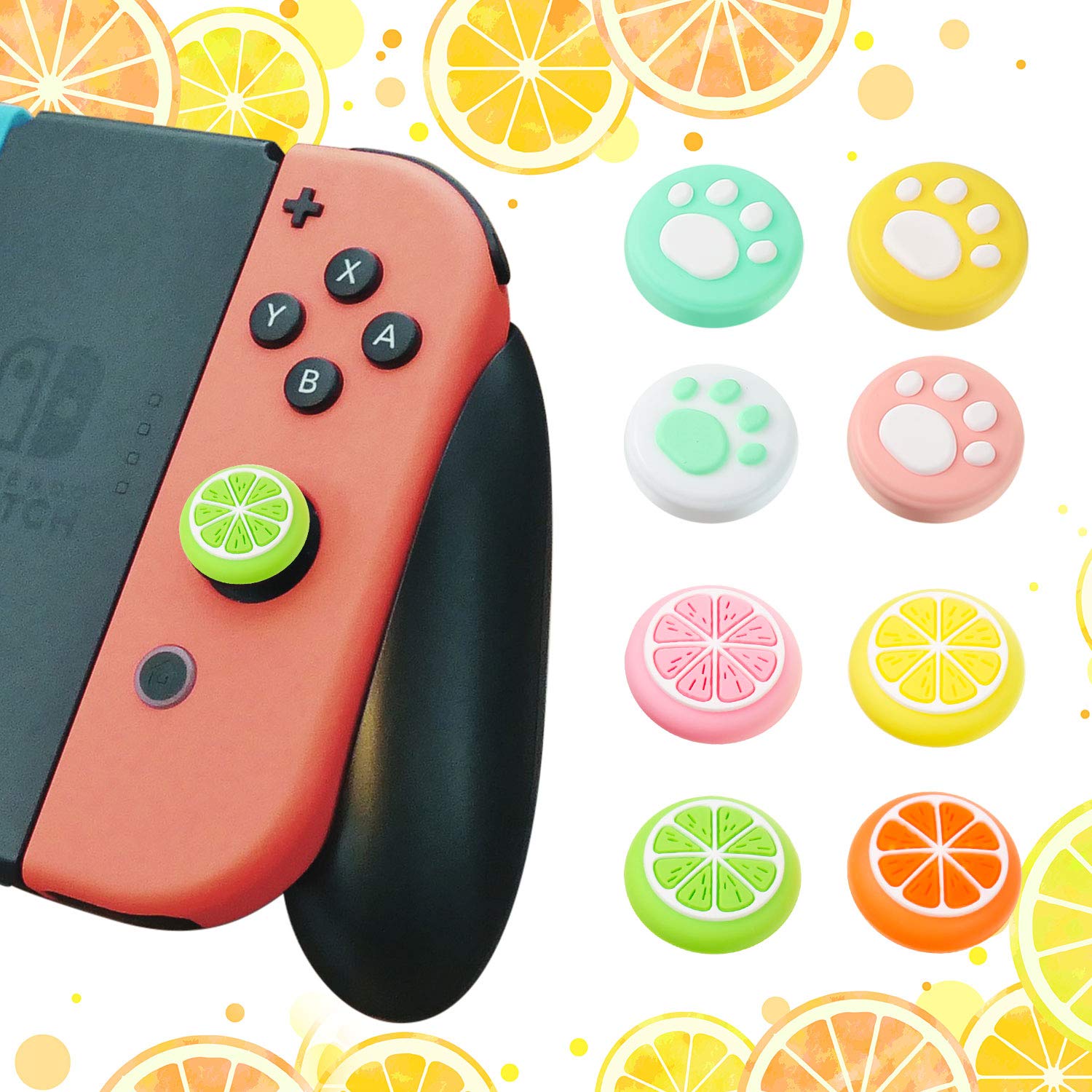 24 Pieces Replacement Cute Cat Paw and Fruit Lemon Design Thumb Grip Caps Thumb Grip Analog Stick Cover Joystick Cap Soft Silicone Cover Compatible with Nintendo Switch, Switch Lite Joy-Con Controller