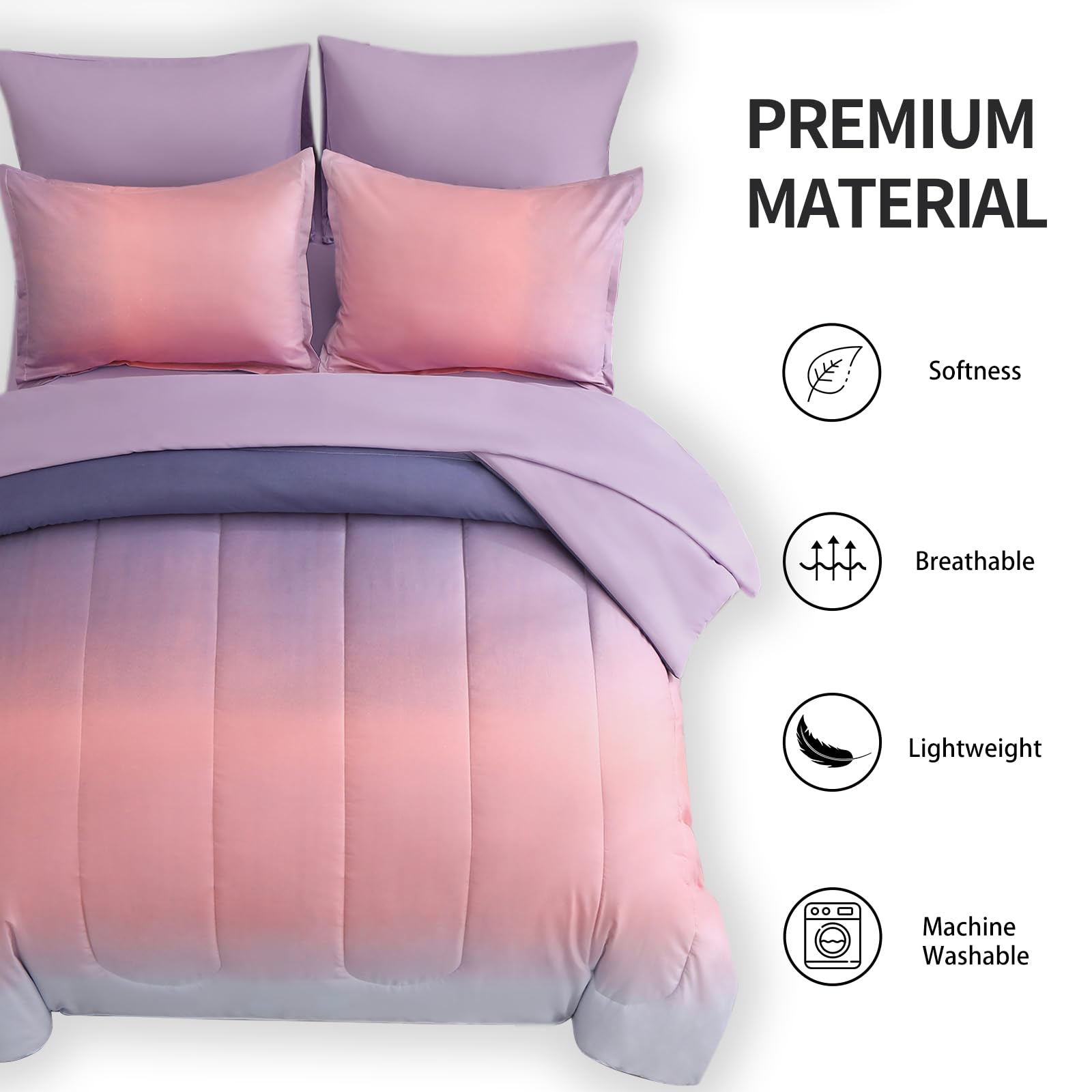7 Pieces Comforter Set Full/Queen Size - Gradient Pink and Purple All Season Teens Rainbow Comforter Bedding Set, Ultra Soft Fluffy Microfiber Bed in a Bag for Kids