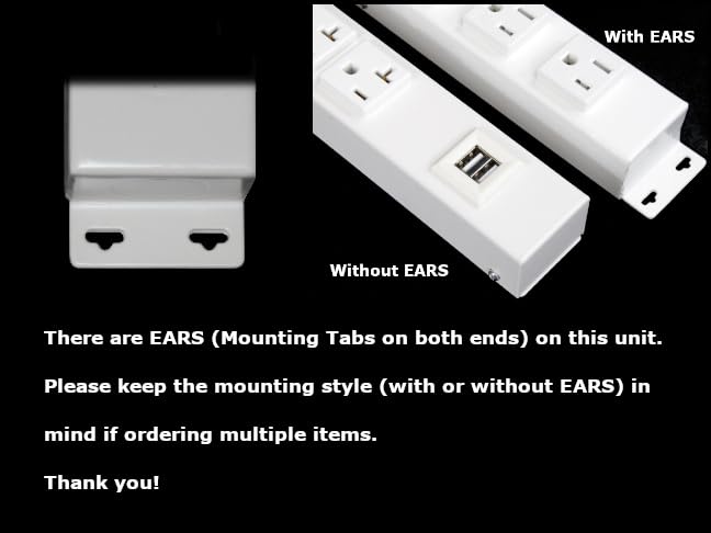 24” Hardwired Power Strip (NO Power Cord), 6 (NEMA 5-20R) Vertical Outlets (NOT Tamper Resistant), with Ears (mounting tabs on Both Ends), 20 Amp, USB, White