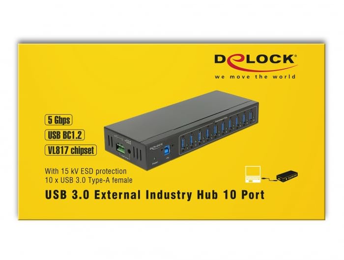 DeLOCK External Industry Hub 10 x USB 3.0 Type-A with 20 KV ESD Protection - Hub - 10 x SuperSpeed USB 3.0 - DIN Rail Mountable - Wall Mountable - DC, Black