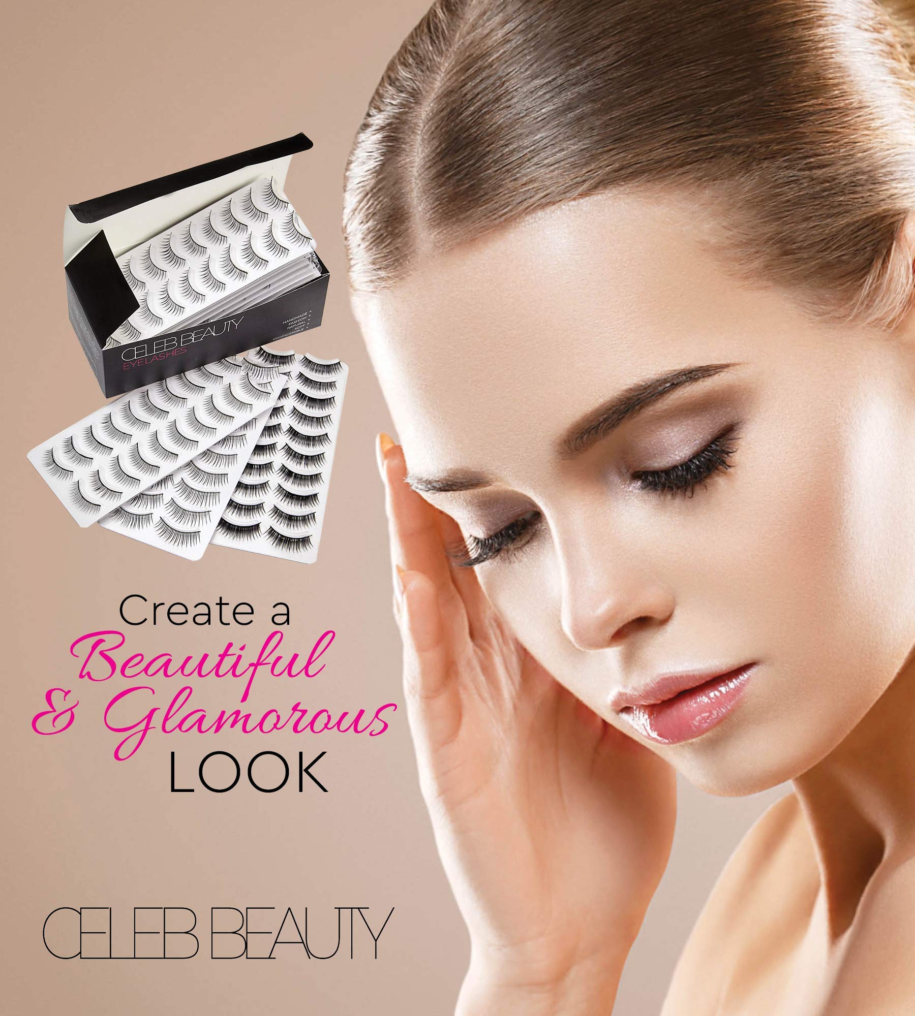 Celeb Beauty Eyelash Splashes 100 Pair Faux Lashes Variety Pack – Reusable Fake Eyelashes in 10 Styles – Hypoallergenic Strip False Lashes Set with Soft Natural, Fluttery Wispies, & Dramatic Falsies
