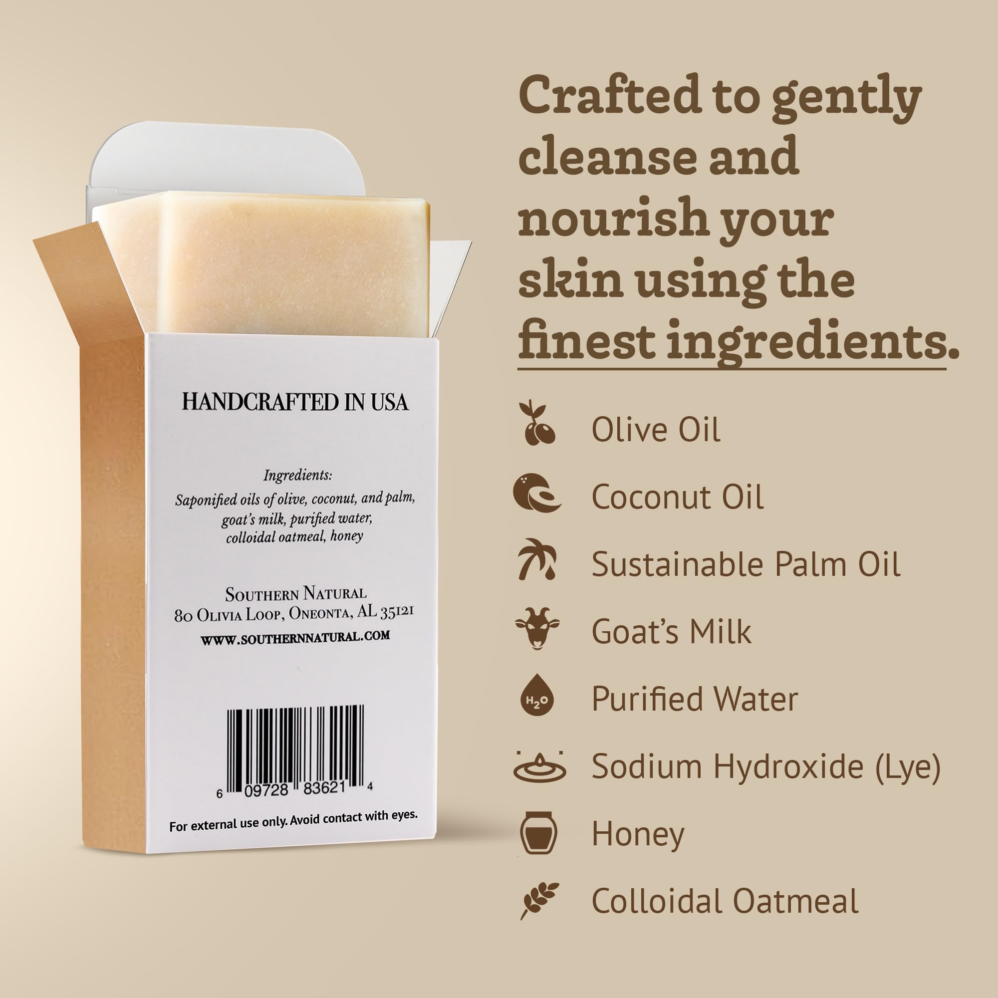 Southern Natural Oatmeal Soap Bar (3 Pack) Unscented Goat Milk Soap Bars With Colloidal Oatmeal & Honey. For Dry, Sensitive Skin. Fragrance Free Cleanser