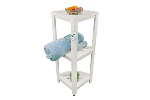 CoastalVogue SnazzyCorner Teak Corner Shower Shelf Wood Corner Shelf 3-Tier Corner Shower Shelf in Antique White Finish β 33 inches Tall