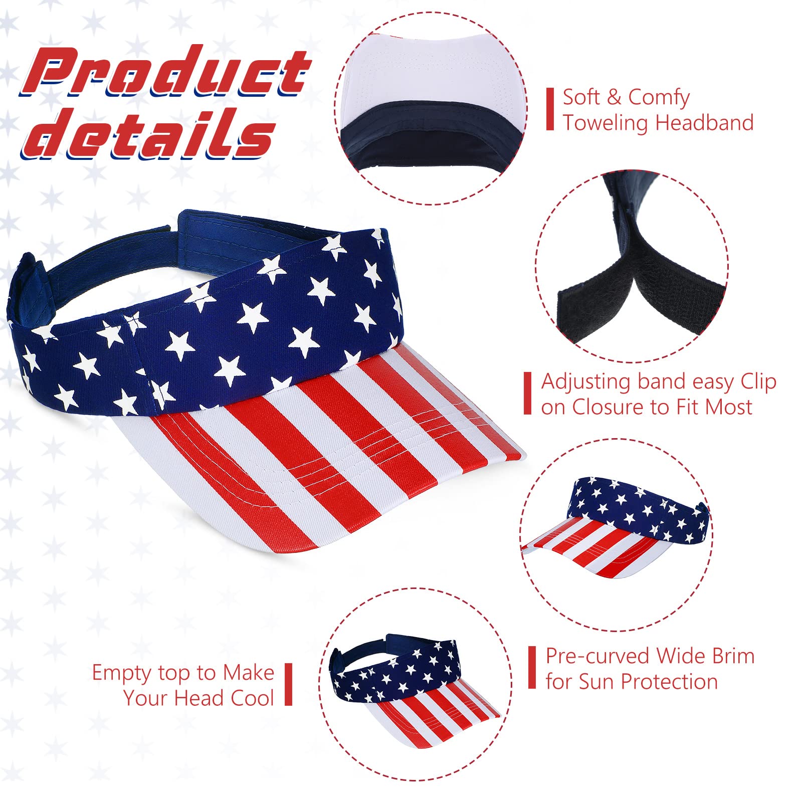 4 Pieces American USA Flag Visor Patriotic Visor Star Stripe Sun Visor Hat Adjustable Printed Twill Sun Protection Hat for Men Women