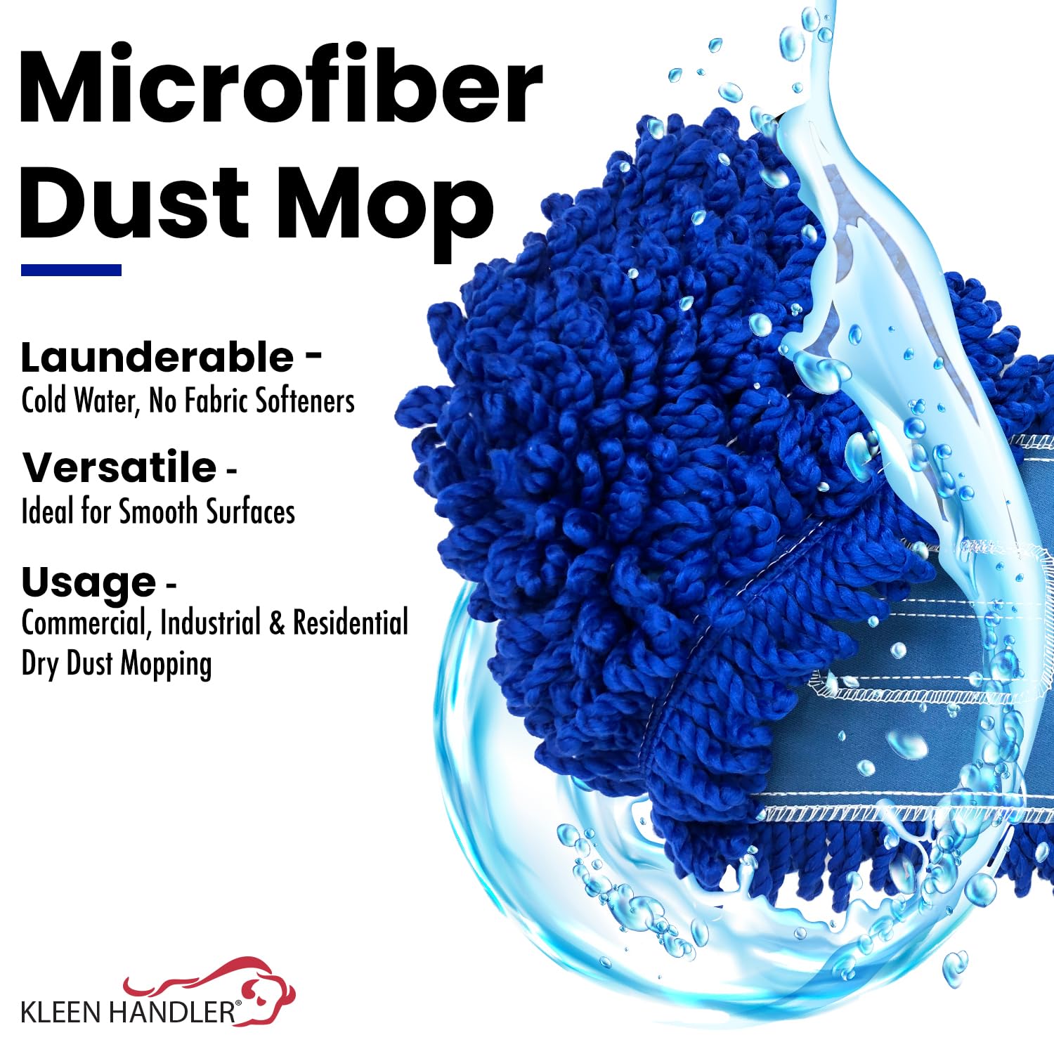 KLEEN HANDLER 36 Inch Microfiber Dust Mop, Large Washable Commercial Dust Mop, Sweeper, Janitorial Dust Mop Head Replacement, Push Mop Broom, Blue