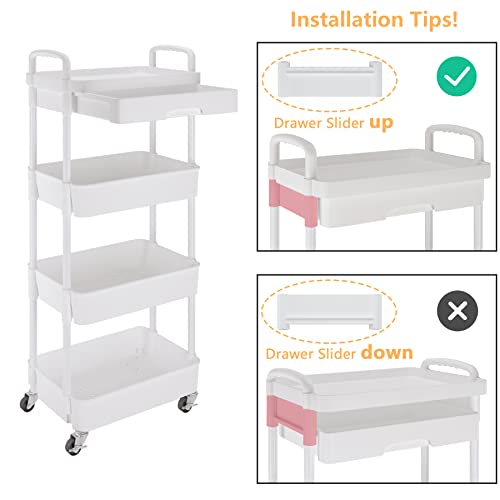 Dttwacoyh 4-Tier Rolling Cart,Trolley with Drawer, Kitchen Storage Organizer with Plastic Shelf & Metal Wheels, Storage Cart for Living Room, Kitchen, Office, Bathroom, White