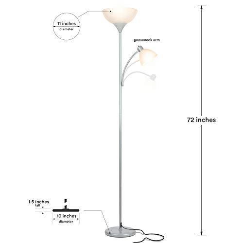 Brightech Sky Dome Plus LED Floor lamp, Torchiere Super Bright Floor Lamp with Reading Lamp for Living Rooms & Offices - Dimmable Tall Standing Lamp for Bedroom Reading - Silver