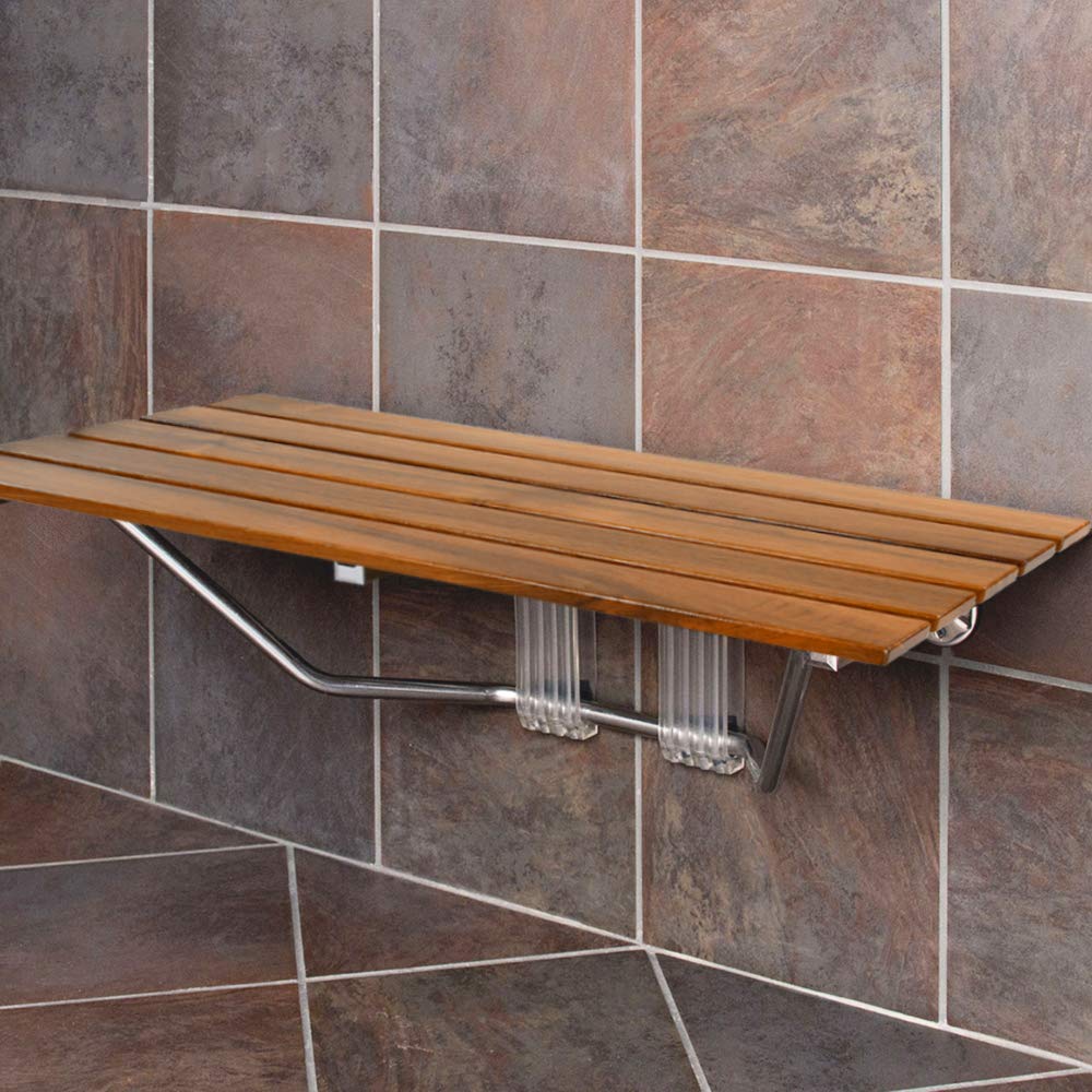 36" ADA Compliant Foldable Teak Wood Shower Seat Bench, 400lb Capacity, Clear Coated for Extra Protection, Folding Wall Mount Modern Chrome, Medical Fold Up Bathroom Stool Chair