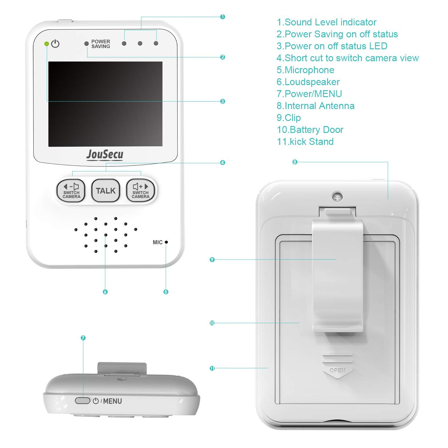 JouSecu Baby Monitor with Camera and Audio 2.4inch LCD, 2-Way Talk, Night Vision, Eco Mode, 1000ft Range, Feeding Alarm (Up to 4 Cameras)