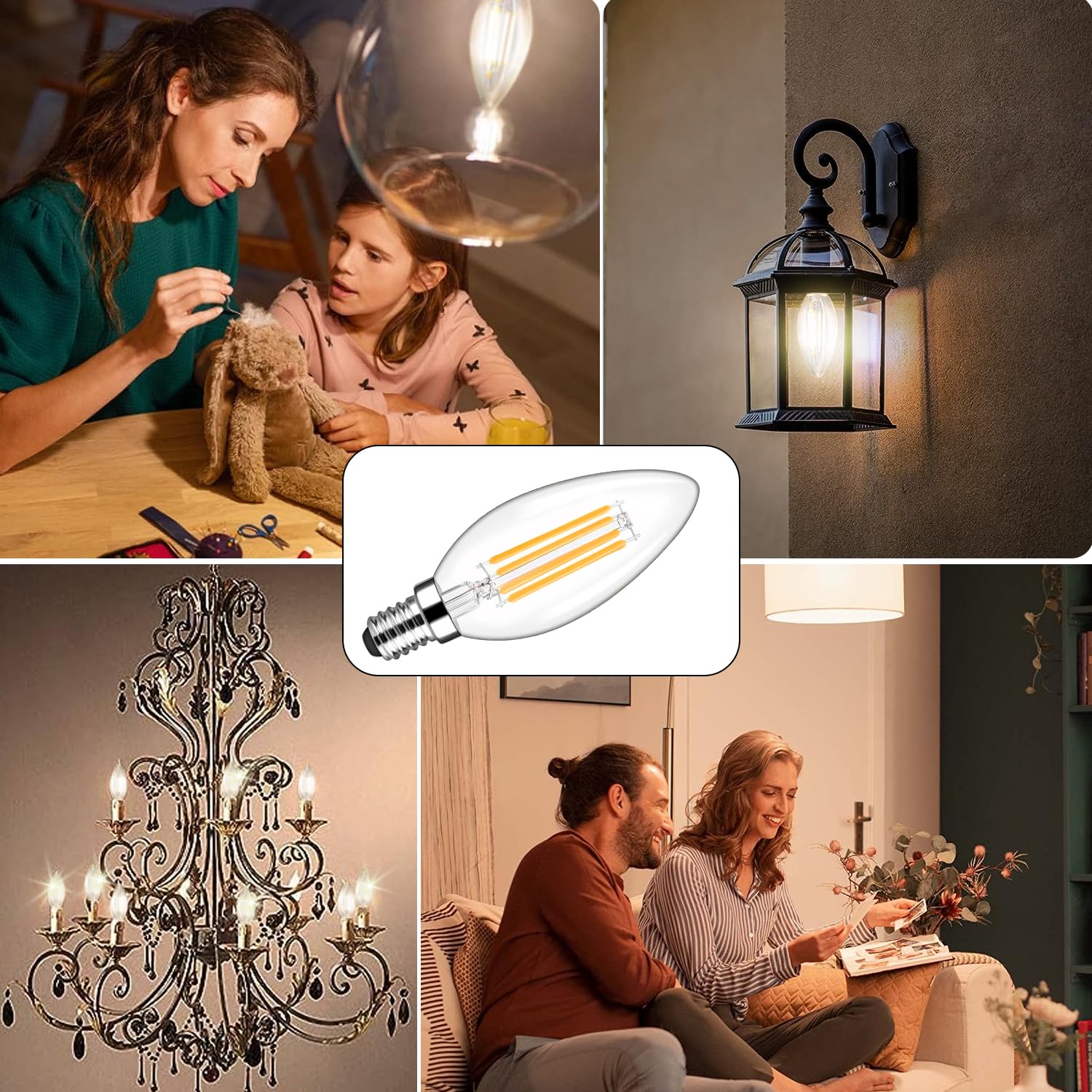 5 Pack C35 4Watt LED Candelabra Bulbs Equivalent to 40w Incandescent Bulbs,3000K Warm White 500 Lumens,B11 Candelabra Light Bulbs, E12 Dimmable Filament Clear Glass Candle Lamp for Home Decor
