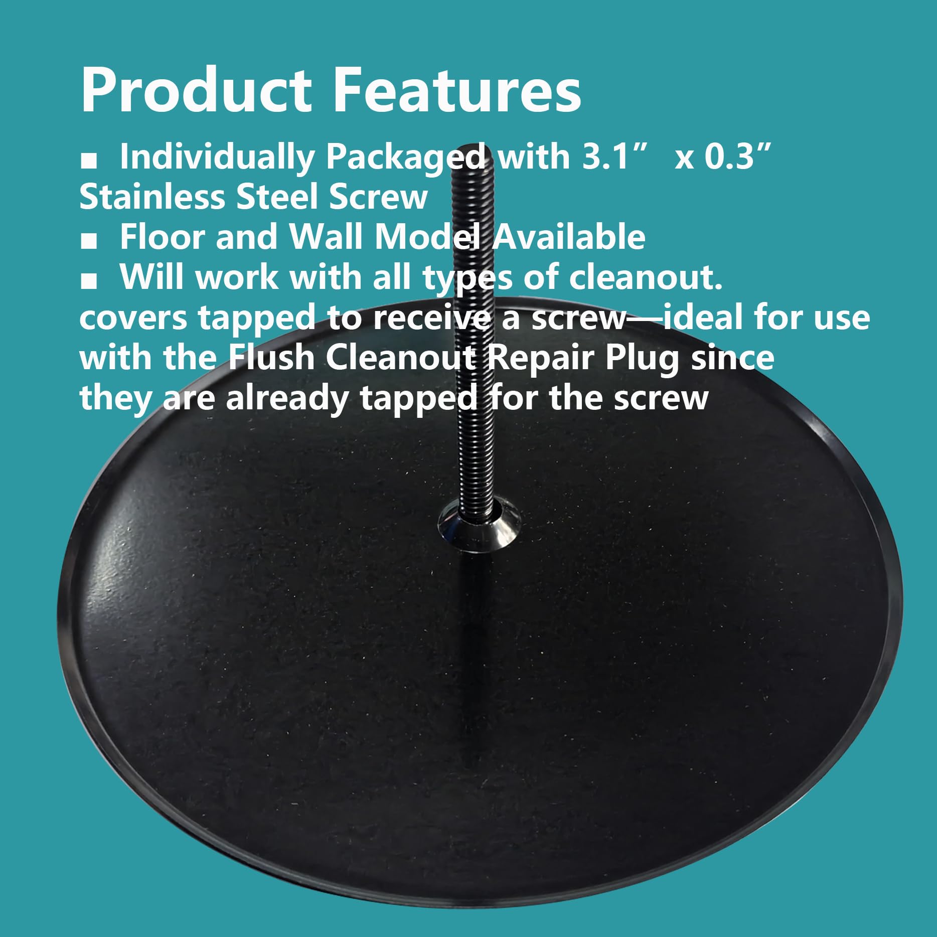 7" Black Decorative Cleanout Access Covers Plate, Flat Design Cover and Seals CO2530-SS7 For Back Deck Drains and Plug Hole with Large Center Securing Screw, Stainless Steel, Round