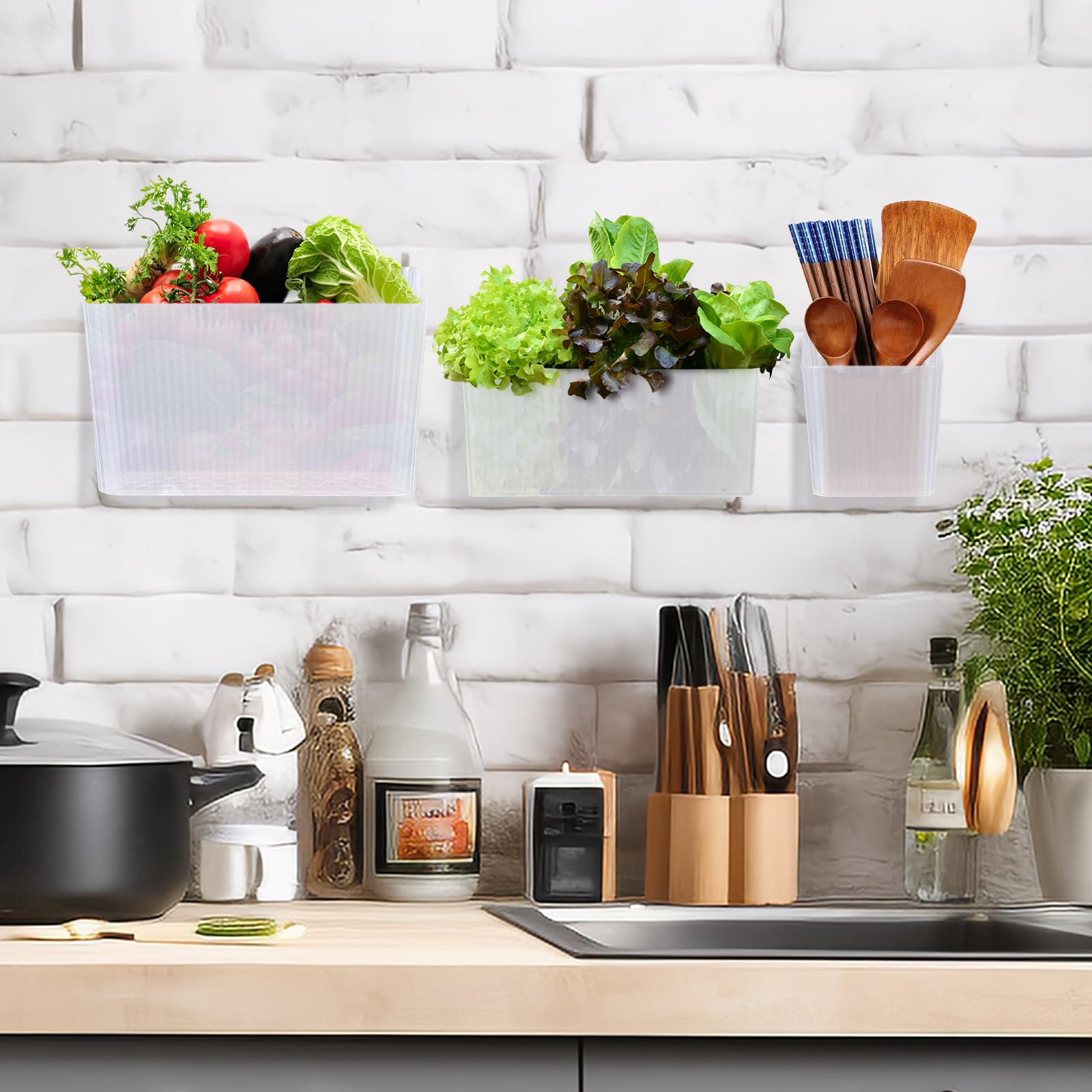 6 Pack Storage Organizer Bins Wall Mounted Organizer Basket Stackable Fridge Cabinet Door Bin Plastic Hanging Baskets with Self-adhesive Hooks for Kitchen Bathroom Pantry Freezer Under Sink - BPA Free