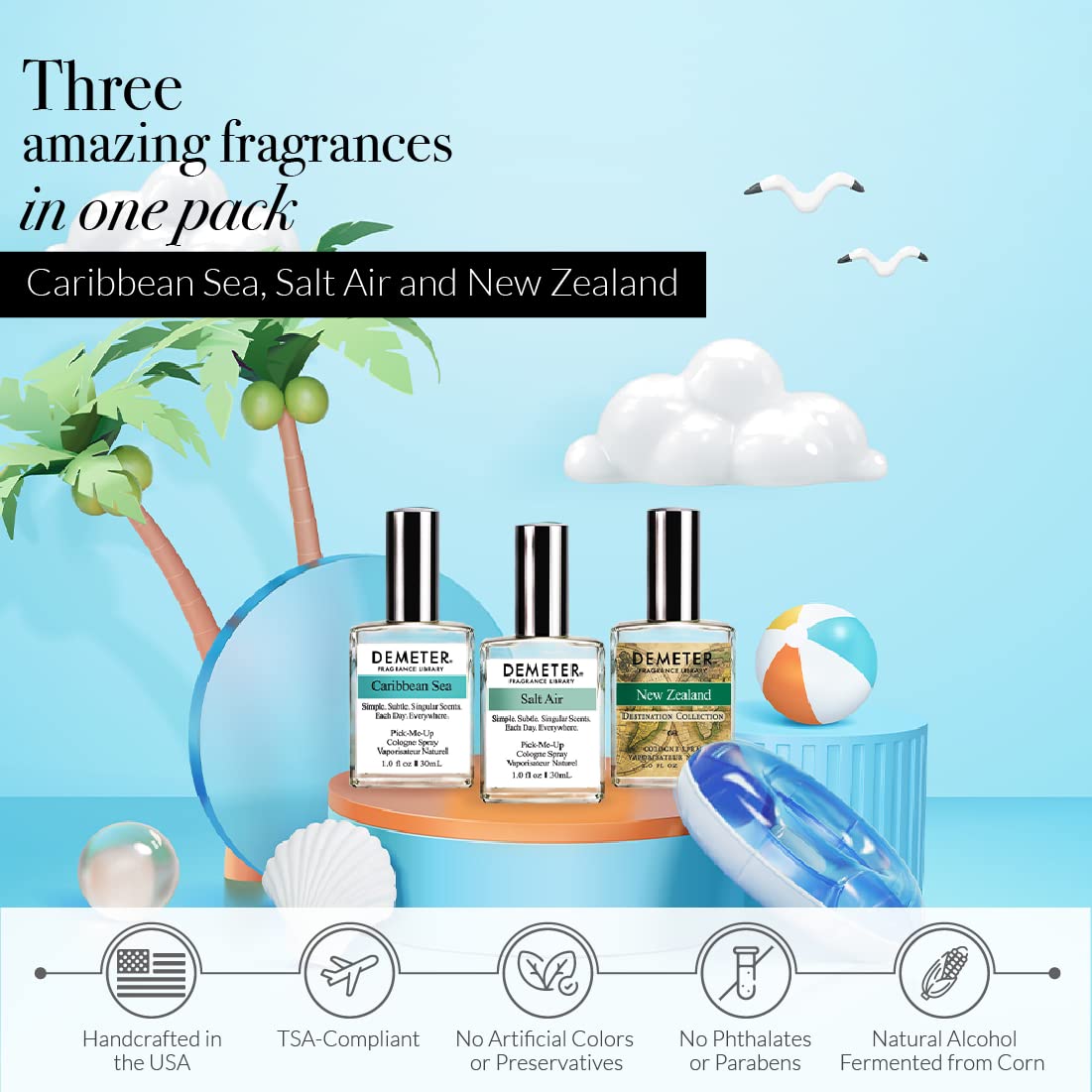 DEMETER Water Foolproof Blending Set of 3 Perfumes - Caribbean Sea, Salt Air, New Zealand - 3 Unique 1 Oz Cologne Sprays