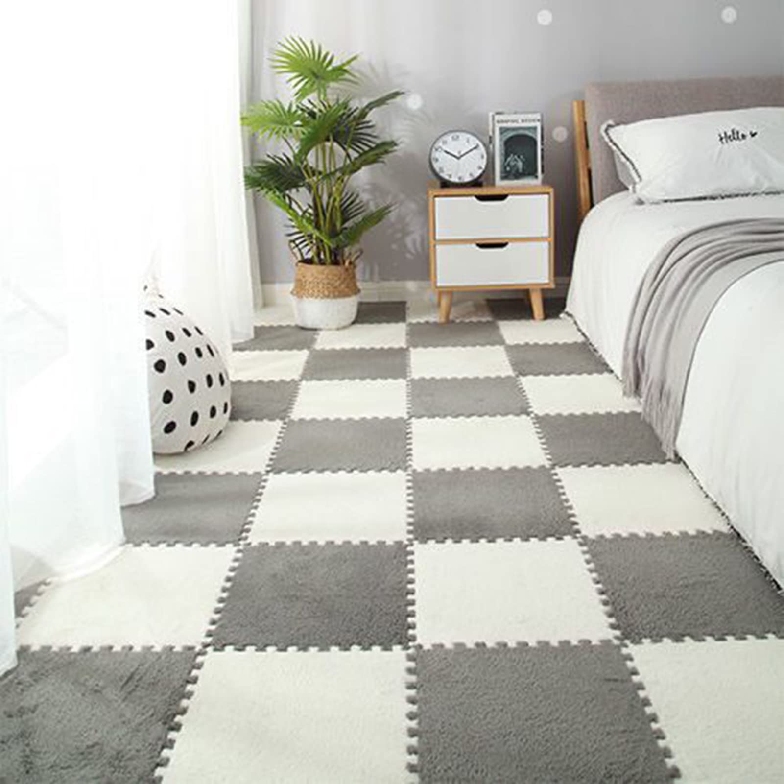 16 Pcs Soft Interlocking Carpet Tiles with Border, Plush Foam Square Floor Mats Set, 11.8 X 11.8 Inch Fluffy Puzzle Area Rugs,1cm Thick(Color:Khaki+Brown)