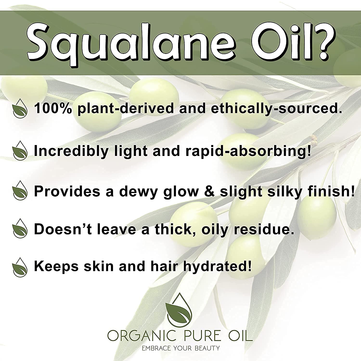 Squalane Oil - Pure, Natural, Plant-Derived, Non GMO, Refined - 16 oz - Squalene Alternative, from Olive - Ultra Hydrating & Moisturizing Carrier Oil - Hexane Free, Cold Pressed - OPO