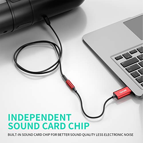 ENVEL USB to 3.5mm Audio Jack Adapter(20cm), Built-in Chip External Sound Card,Mic-Supported Audio Adapter with 3.5mm Aux Stereo Converter Compatible with Headset PC Laptop Desktops PS4 PS5 (Red)