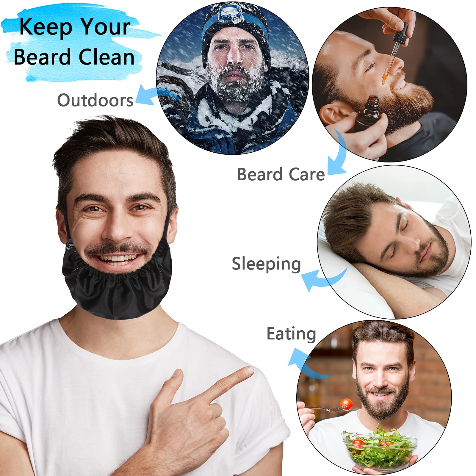 MIKIMIQI Beard Bandana, 2 Pack Men Beard Bib Black Beard Covers Soft Comfortable and Silky Satin Facial Hair Apron Guard Bonnet Rag Man Bedtime Bib Beard Cap Ear Beard Bandana