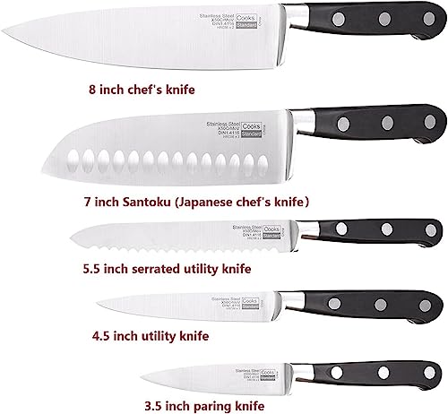 Cooks Standard 6-Piece Stainless Steel Knife Set with Expandable Bamboo Block for Extra Slots