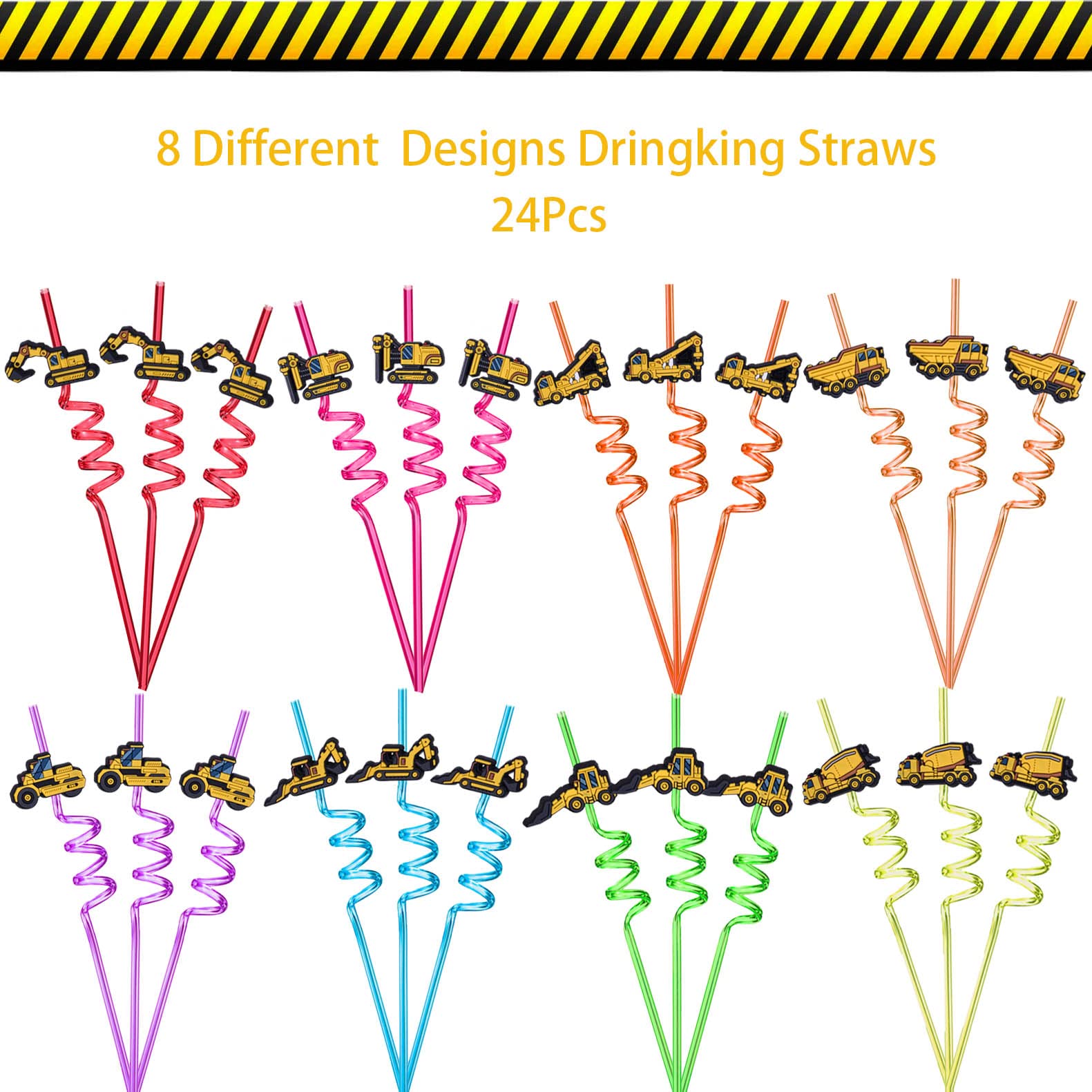 24 Construction Excavator Theme Reusable Drinking Plastic Straws 8 Designs Include Excavator, Front Loader, Road Roller Perfect for Kids' Birthday Party Supplies Party Favors with 2 Cleaning Brushes
