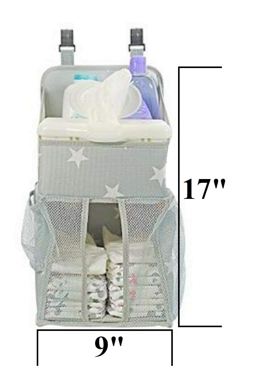 Star Pattern Diaper Caddy and Nursery Organizer for Newborn Baby Essentials, Hang on Crib, Baby Bed. Changing Table or wall. Multiple Pockets to Store Wipes, Creams, Lotions, Toys and more.