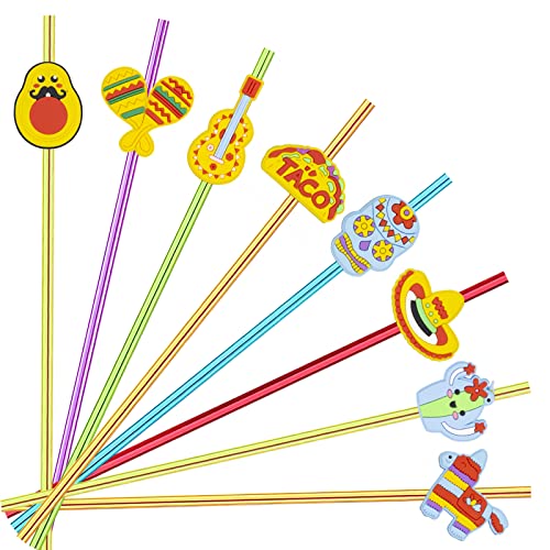 24pcs Cinco De Mayo Fiesta Theme Beverage Cocktail Straws for Mexico Fiesta Taco Party Supplies Party Favor with 2 Pieces Straw Cleaning Brushes, 6 Colors Straws