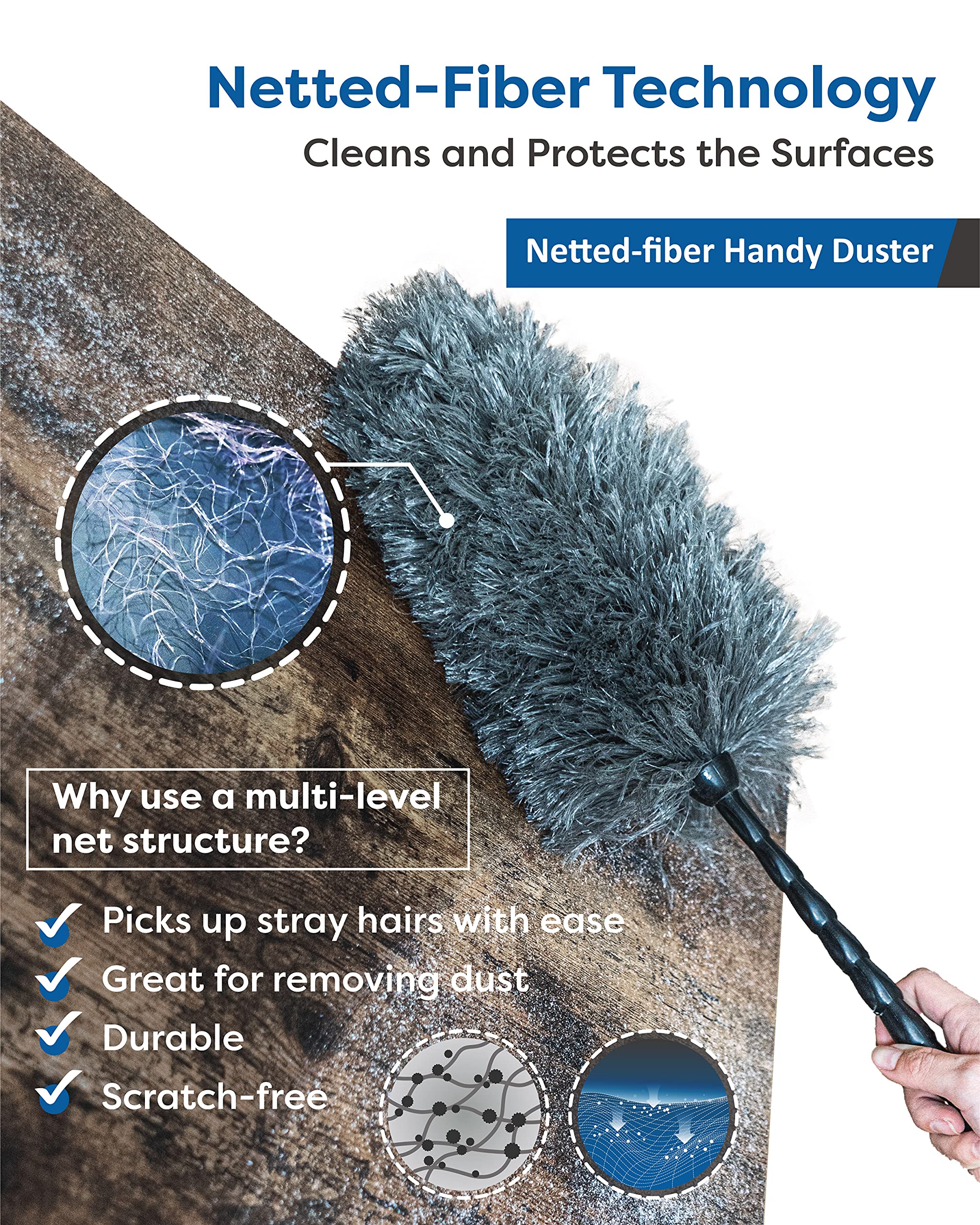 Rocktex Feather Duster Kit with 5.6ft Extension Pole, 4 Dusting Brush for Cleaning Home Wall Ceiling Fan Cobweb, Microfiber Static Washable Dusters, Black Dark Gray