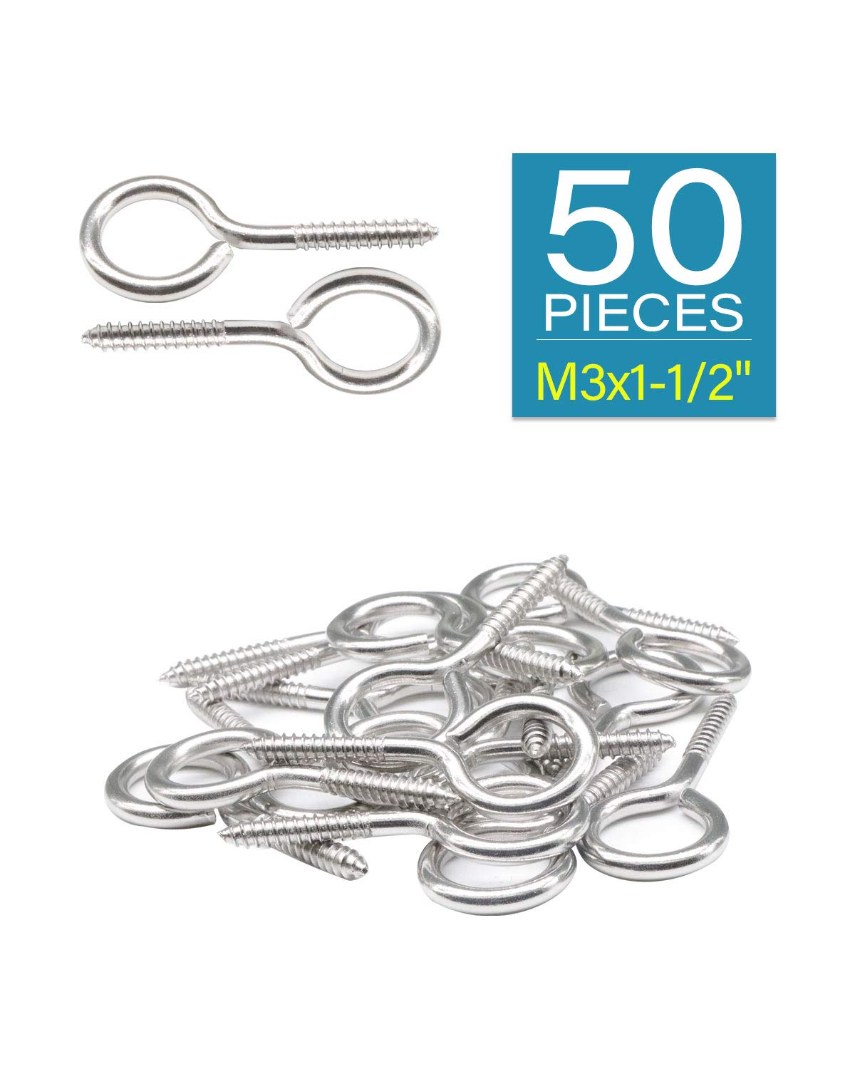 M3 x 1-1/2" Screw Eyes (50pcs) Small Eyelet Screws Lag Eyebolt 18-8 Stainless Steel 304 Heavy Duty Hook by IMScrews