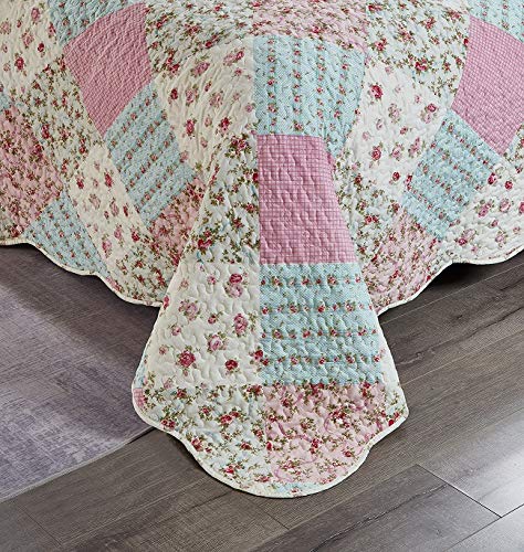Brilliant Sunshine Pink and Green Rose Patchwork, 2-Piece Quilt Set with 1 Sham, Reversible Bedspread, Soft Lightweight Coverlet, All-Season, Twin, Pink Green