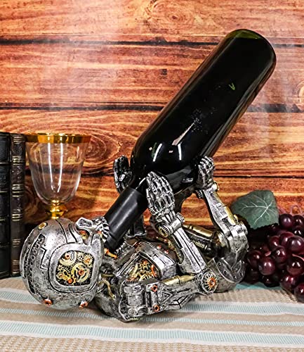 Ebros Steampunk Industrial Victorian Sci Fi Cyborg Robotic Terminator Skeleton Wine Bottle Holder Figurine with Painted Gearwork Clockwork and Mechanical Parts Party Hosting Skeletons Skulls Decor