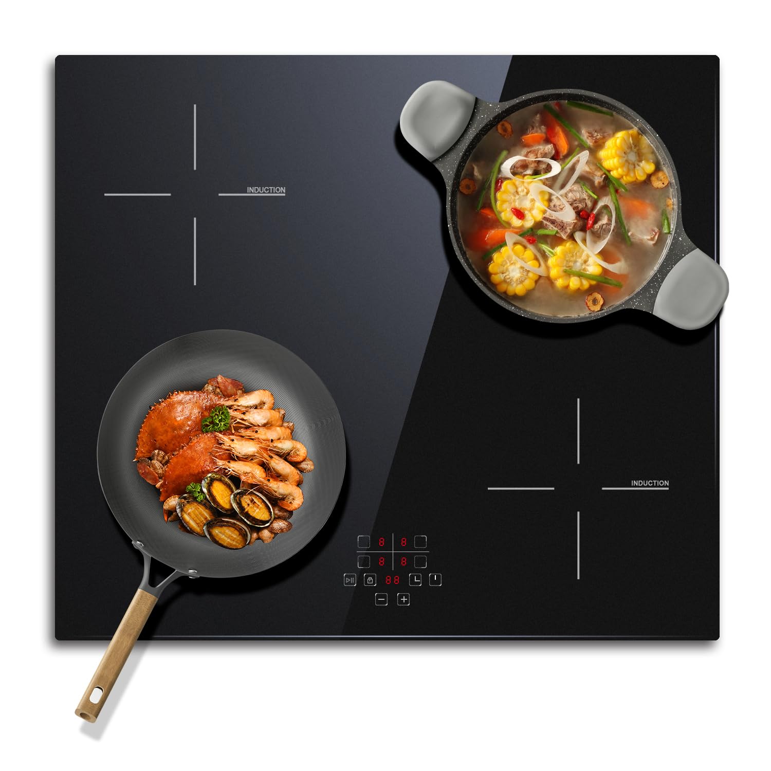 24 Inch Induction Cooktop 4 Burner, Drop-in 6400W Electric Induction Burner with Timer and Child Lock, Pause Function, Vitro Ceramic Glass, 220-240V, Hard Wired, No Plug