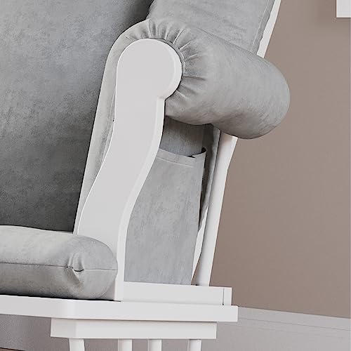 Child Craft Cozy Glider Rocker and Ottoman Set, Padded Cushion with Storage Pockets, Solid Wood Base, Matte White with Light Gray Cushion