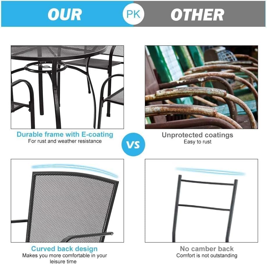 AECOJOY Metal Outdoor Table and Chairs Patio Dining Table Set for 4 Outside 51" Dining Table with Umbrella Hole Rectangle Table and 4 Stackable Chairs, Patio Furniture Set for Garden Backyard Balcony