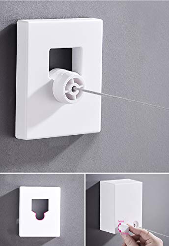ELLO&ALLO Adhesive Retractable Clothesline with Adjustable Stainless Steel Rope String Hotel Indoor Clothes Dryer, Wall Mounted Shower Drying Line for Bathroom, 13.8 Feets (White)