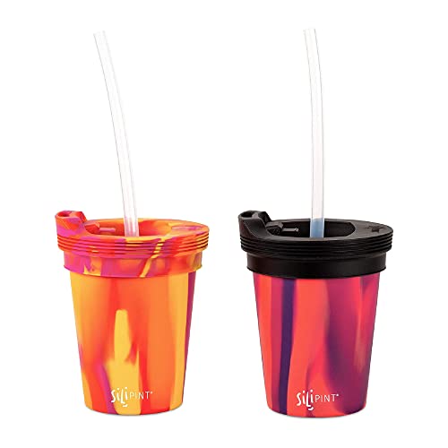 Silipint Silicone Kids’ Cups with Lids and Straws, Unbreakable, Durable, Safe, and Fun Silicone Kids’ Tumblers, Radberry & Sunfire Smash, Pack of 2