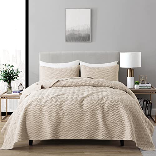 Beige Quilts Queen Size Bedding Sets with Pillow Shams, Tan Cream Lightweight Soft Bedspread Coverlet, Quilted Blanket Thin Comforter Bed Cover, All Season Summer Spring, 3 Pieces, 90x90 inches