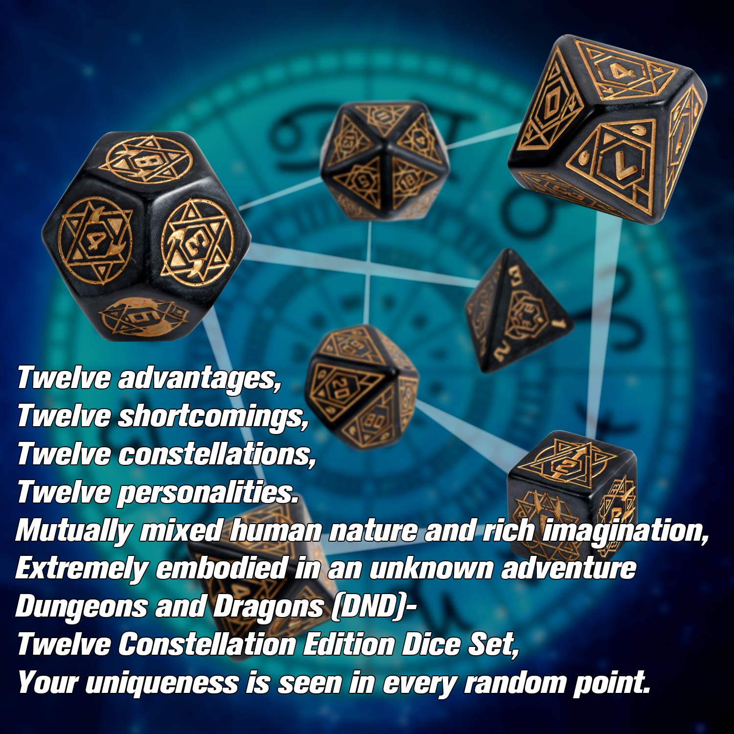 25mm Giant Polyhedral Dice Set D&D, DNDND Constellation Patterns DND Dice with Metal Tin for Role Playing Game Dungeons and Dragons (Black with Gold Number)