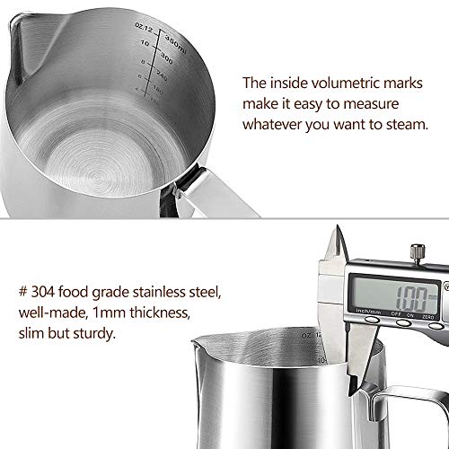 HOOMIL Milk Frothing Pitcher, 12oz/350ml Stainless Steel Steaming Pitcher Barista Milk Frother Cup Jug for Espresso Machine Coffee Cappuccino Latte Art - Silver