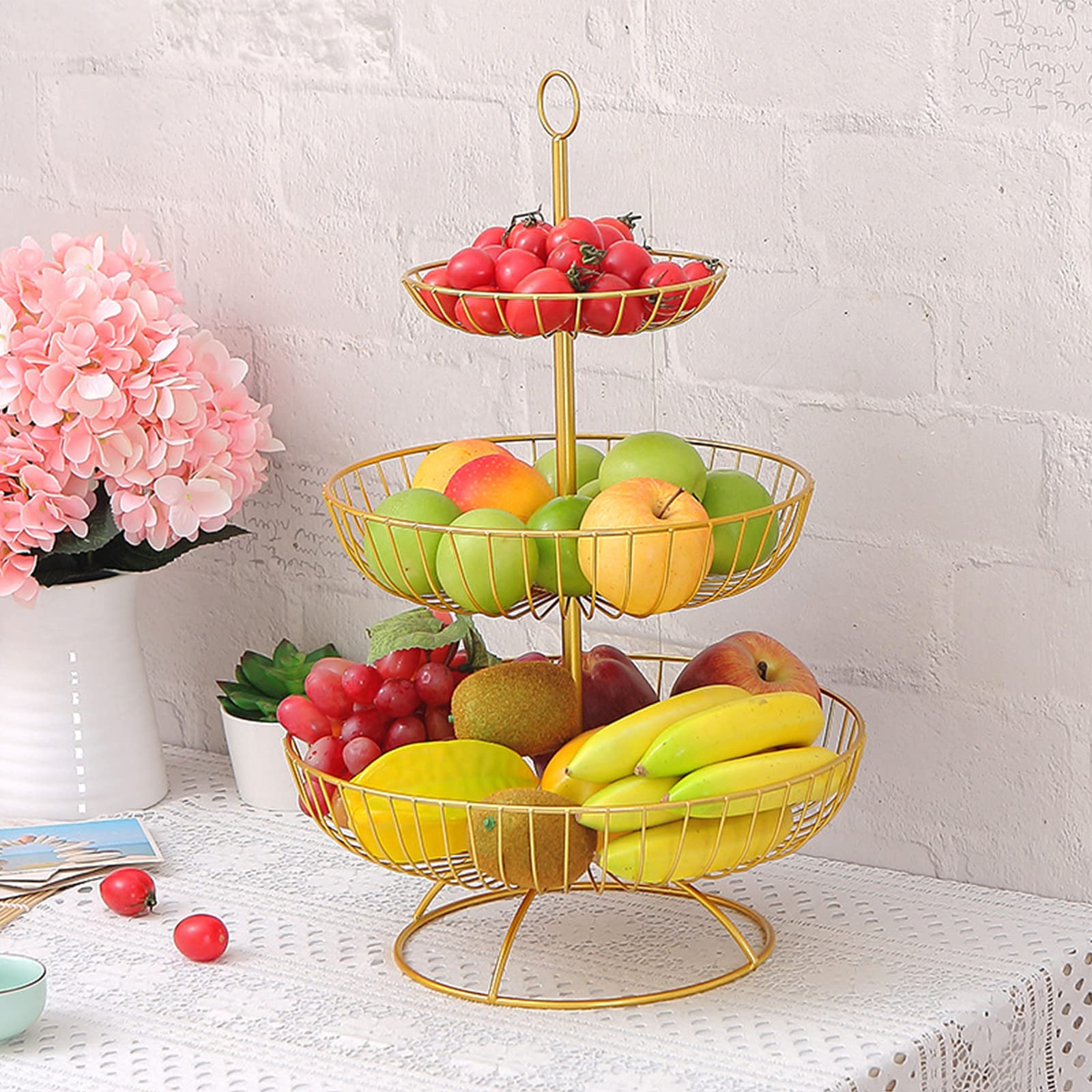 3 Tier Kitchen Countertop Fruit Basket Bowl for Bread Vegetables Snack Storage, Removable Organizer Shelf Storage Rack, Modern Design Tiered Fruit Holder Stand,for Gifts Home Party(round head gold)