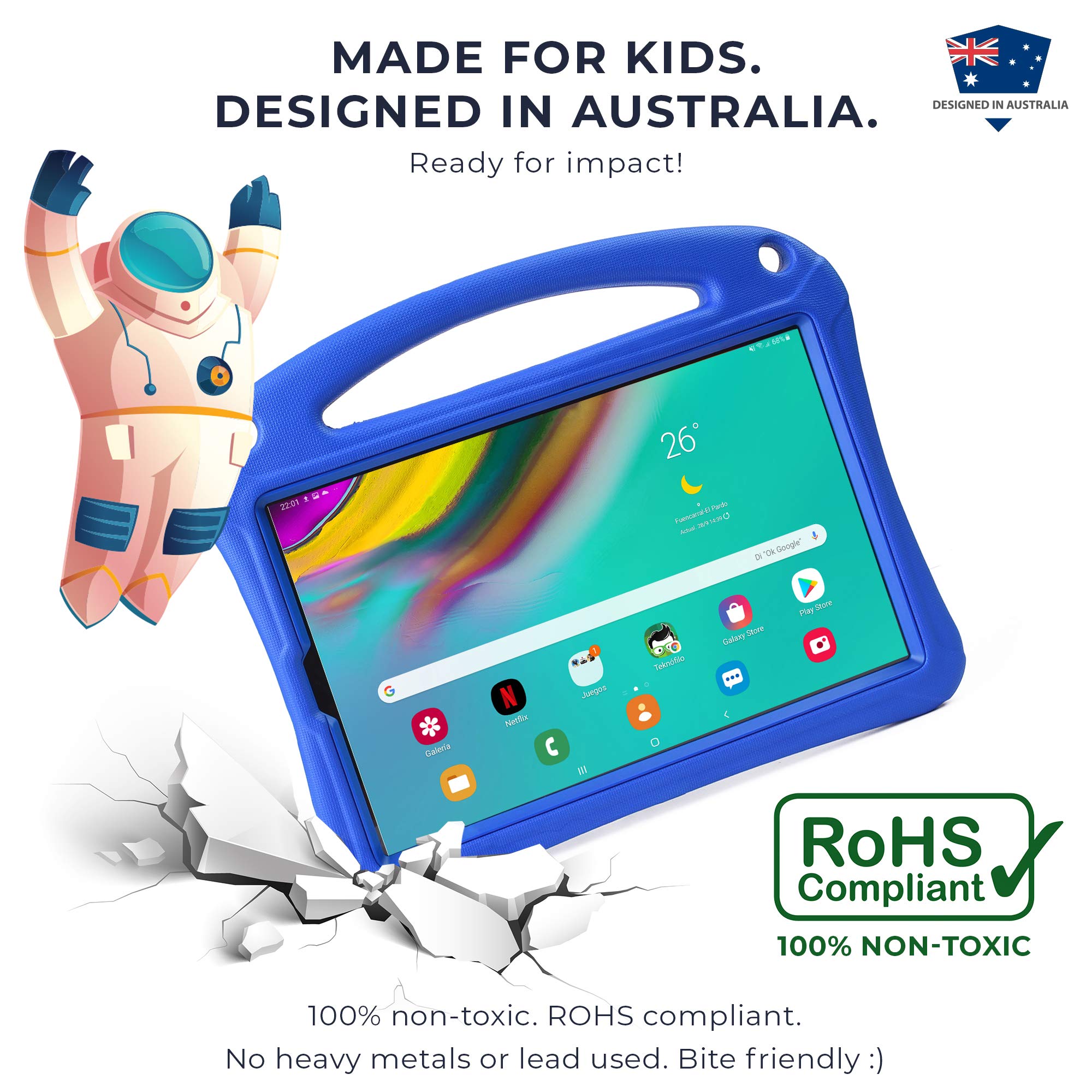 Bam Bino Space Suit Rugged Kids Case for Samsung Galaxy Tab S5e 10.5, Designed in Australia for Children, Built-in Screen Protector, Handle, Stand, Pencil Holder, Shoulder Strap (Galactic Blue)