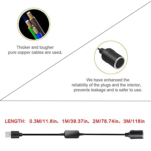 TEHUS USB to 12V DC Power Adapter - USB 5V A Male to 12V Car Cigarette Lighter Socket Power Converter for Driving Recorder DVR Dash Camera GPS(10W 0.8A Max) (0.3M/11.8in)