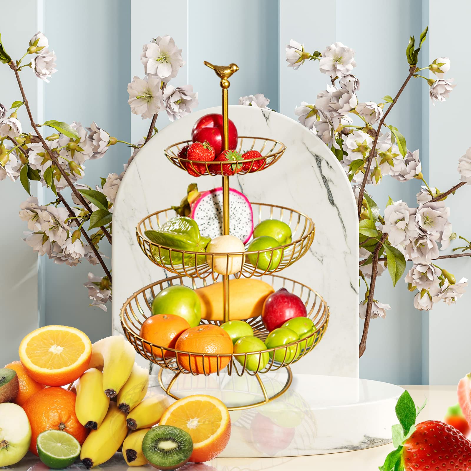 3 Tier Kitchen Countertop Fruit Basket Bowl for Bread Vegetables Snack Storage, Removable Organizer Shelf Storage Rack, Modern Design Tiered Fruit Holder Stand,for Gifts Home Party (bird head gold)