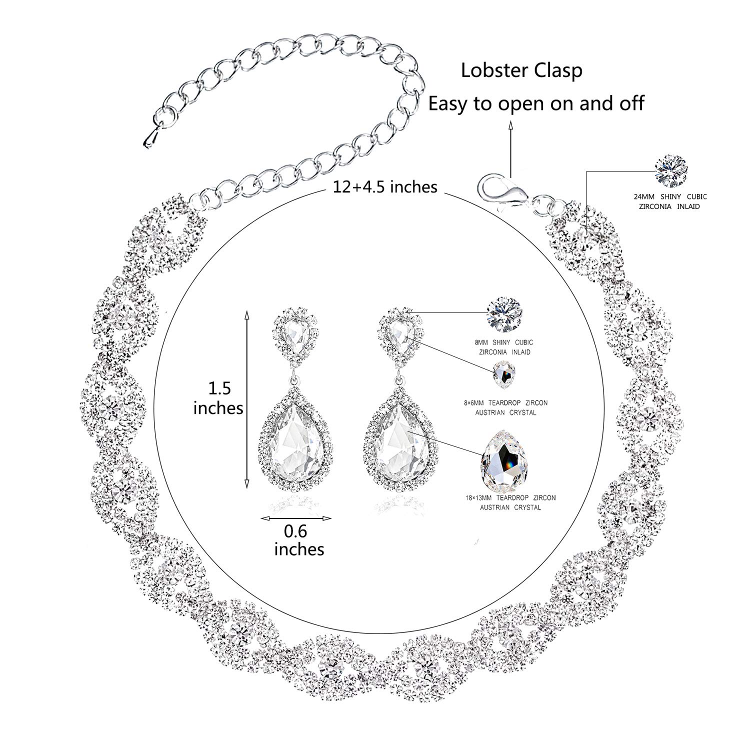 3 Pack Bridal Rhinestone Crystal Statement Choker Necklace Link Bracelet and Teardrop Dangle Earrings Jewelry Set