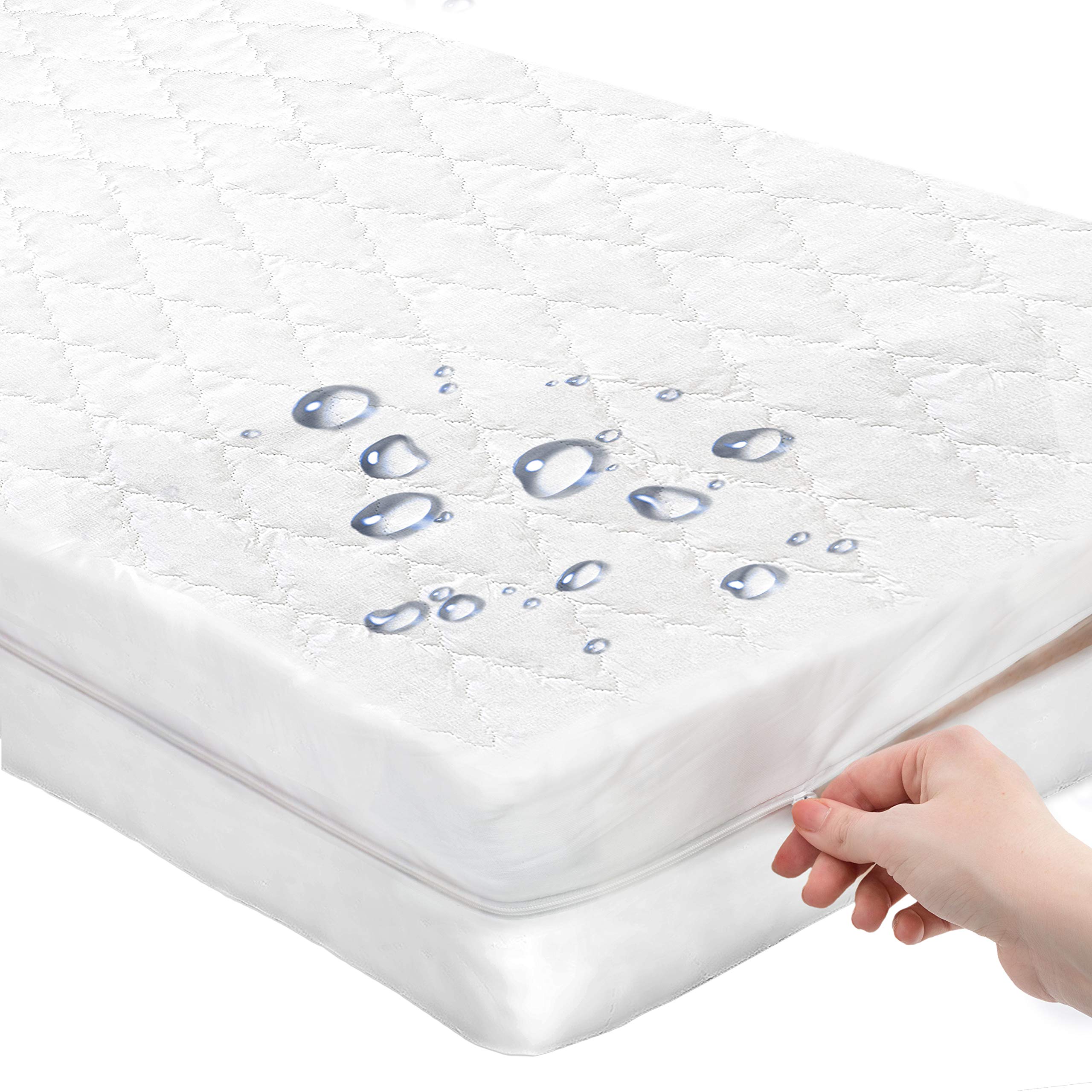 COZYCUDDLES Premium Zippered Quilted Waterproof Crib Protector Cover - All 6-Sides Waterproof Fully Encasement - Standard Baby Crib Toddler Bedding (52" x 28"), White, CC-01