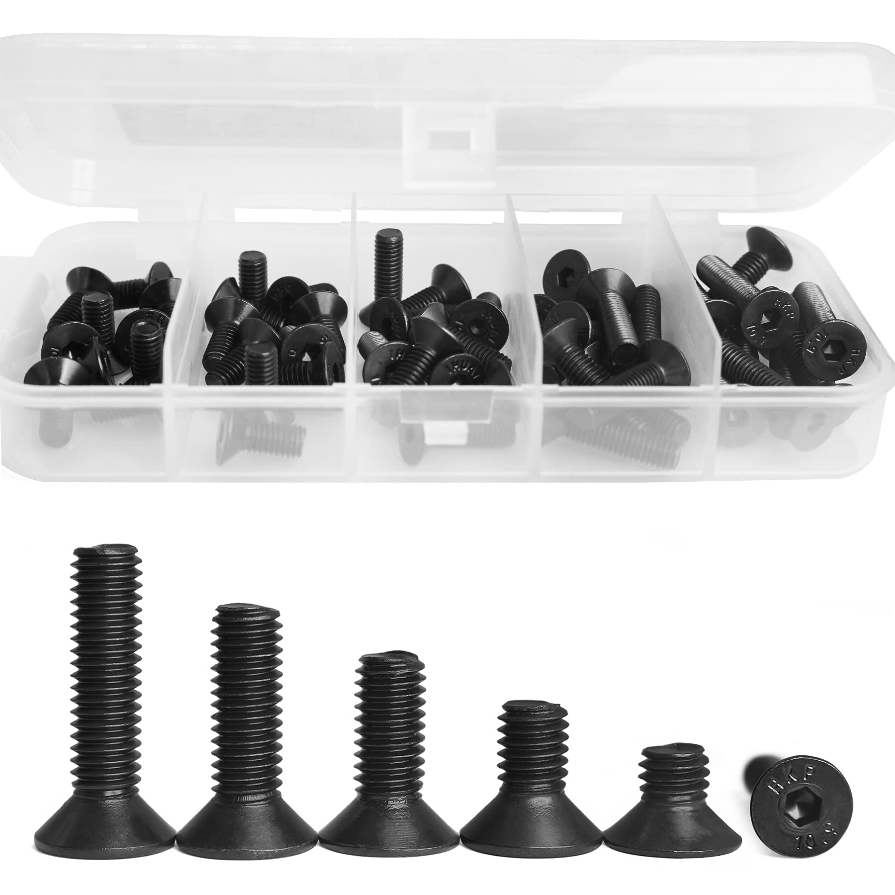 M6 x 8mm 12mm 16mm 20mm 25mm Flat Head Socket Cap Screws Countersunk Bolts, 10.9 Grade Alloy Steel, Black Oxide Finish, Fully Threaded, Metric Allen Hex Drive, Assortment Kit 50PCS