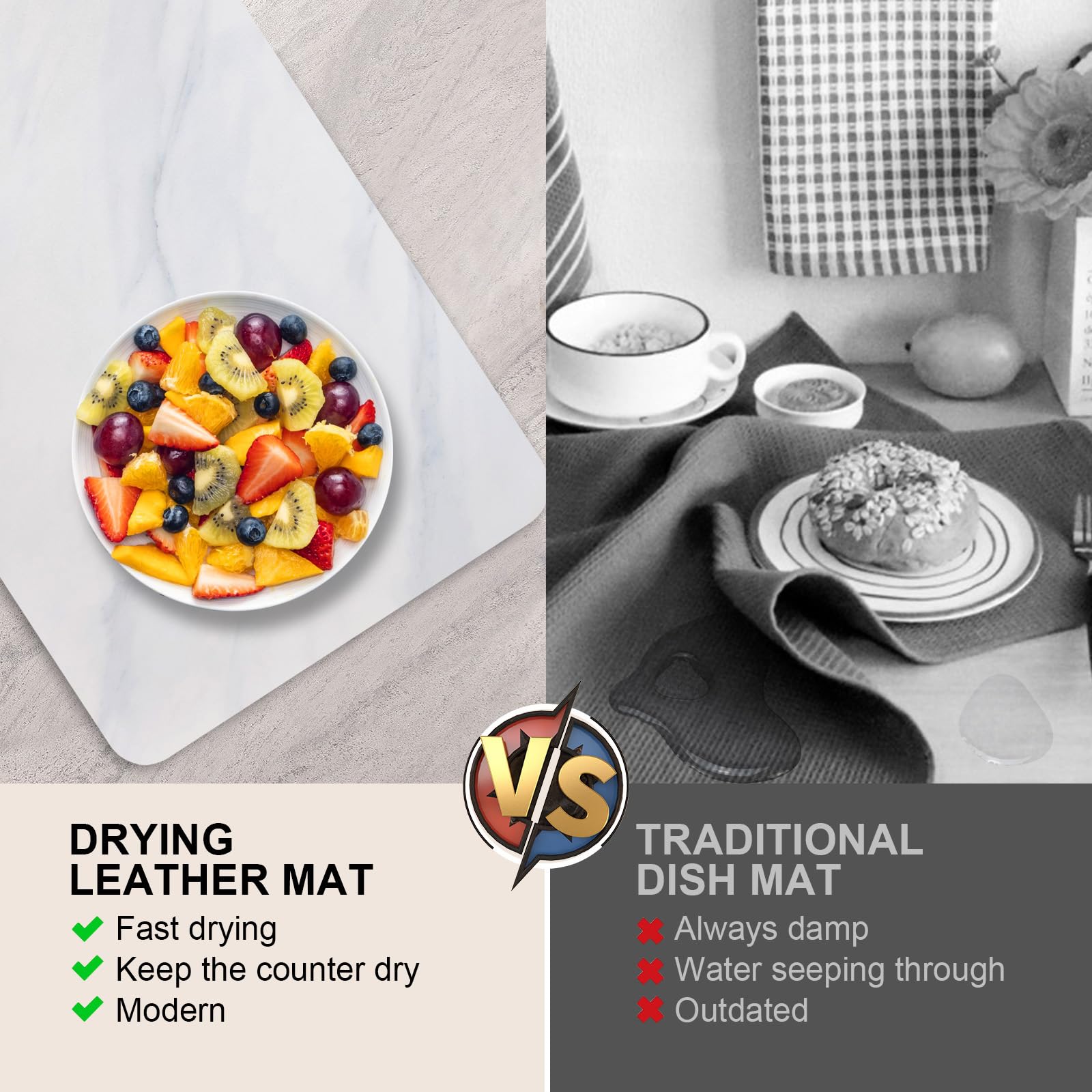 24" x 16" Dish Drying Mat for Kitchen Counter, Absorbent Hide Stain Rubber Backed Coffee Mat, Easy Clean, Eco-friendly, Heat-resistant, Large Kitchen Drying Mat, White Marble