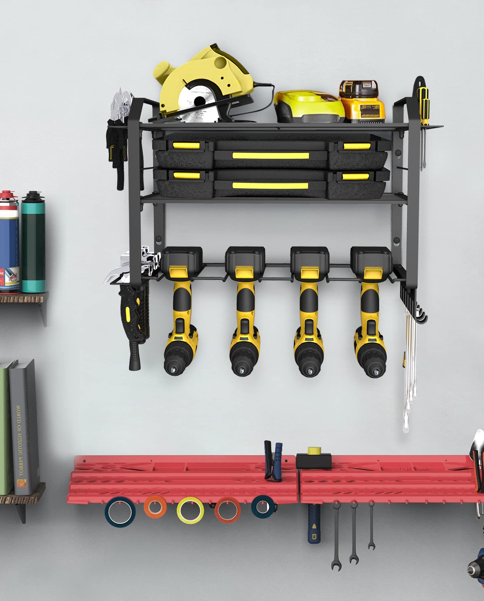 Affogato Power Tool Organizer, 3 Layers Drill Holder Wall Mount, Power Tool Organizer Wall Mount, Power Tool Holder Garage Tool Rack with 4 Side Tool Rack