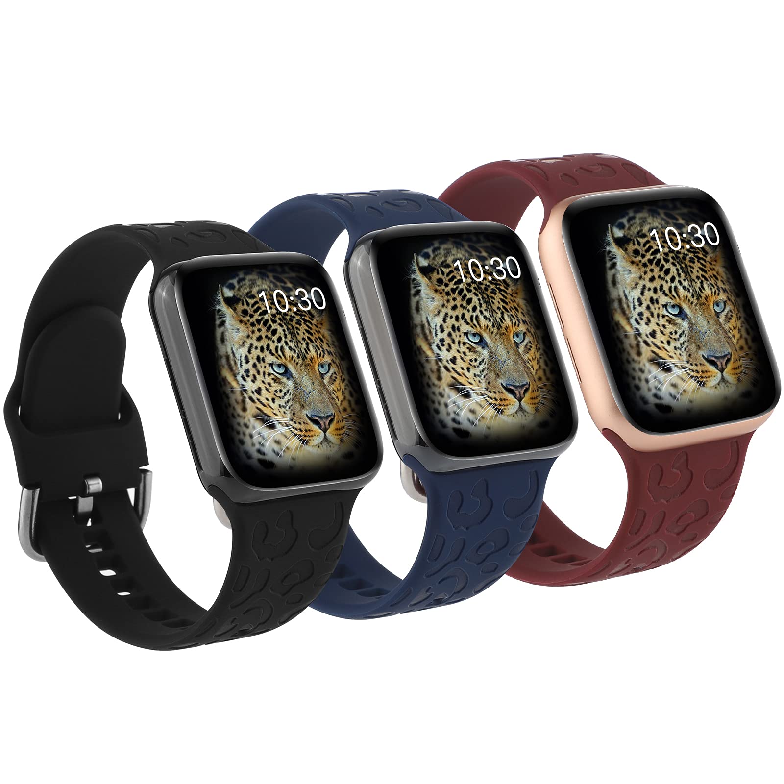 3 Pack Cheetah Engraved Strap Compatible with Apple Watch Bands 38mm 40mm 41mm,Fancy Leopard Laser Printed Soft Silicone Accessories for iWatch Series 1 2 3 4 5 6 SE 7 8 9 (Thin Black Green, 38/40/41mm)