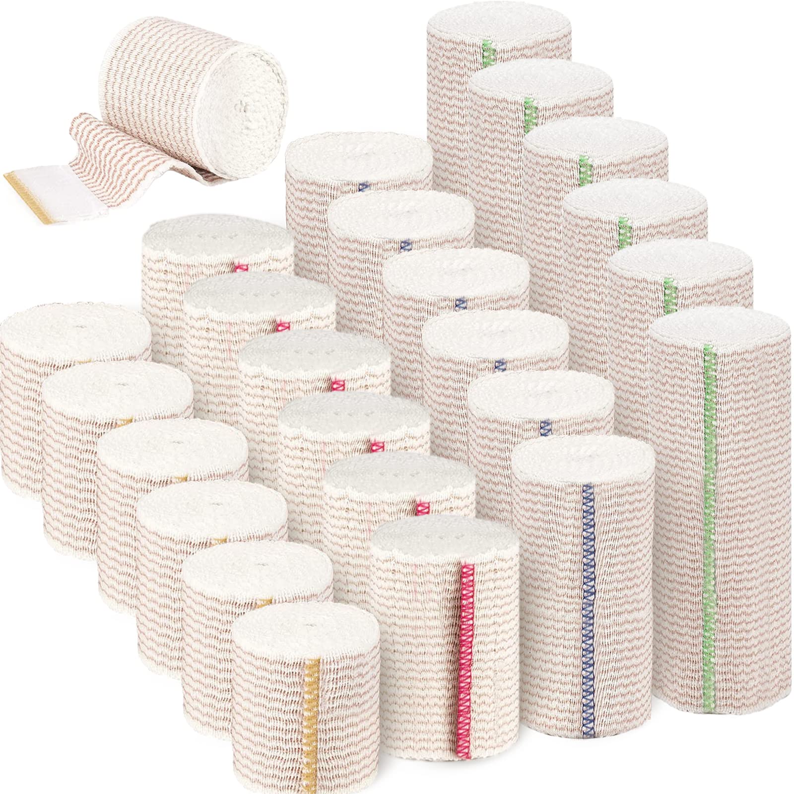24 Pack Elastic Bandage Wrap (6x2”, 6x3", 6x4", 6x6") Compression Bandage Wrap with Hook and Loop Closure on Both Ends Self Adhesive Bandage Wrap for Sports, Medical, and Injury Recovery
