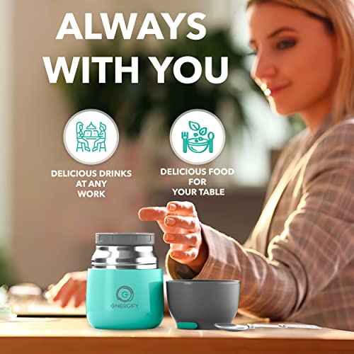 ENERGIFY Vacuum Insulated Food Jar. 17oz Thermos Includes Folding Spoon and Cup. Hot & Cold Drinks, Lunch Container For Kids and Adults. Made of Premium BPA-Free Stainless Steel, Leak Proof, Blue