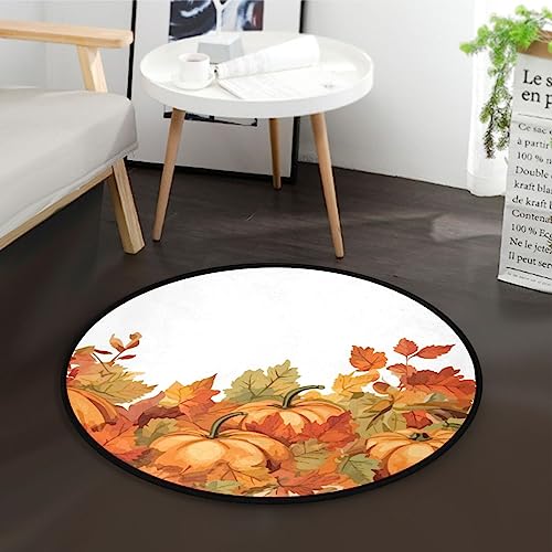 Autumn Pumpkin Leaves Area Rug Round 3ft Happy Thanksgiving Circular Carpet Floor Mat Soft Non Skid for Living Room Dining Holiday Decor Seasonal Washable
